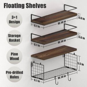 WOCOPIA 3+3 Wall Mounted Bathroom Shelf Over Toilet with Toilet Paper Storage Basket & Hooks, Bathroom Organizers and Storage, Hanging Corner Shelf Floating Shelves for Bathroom Wall Room Decor Brown