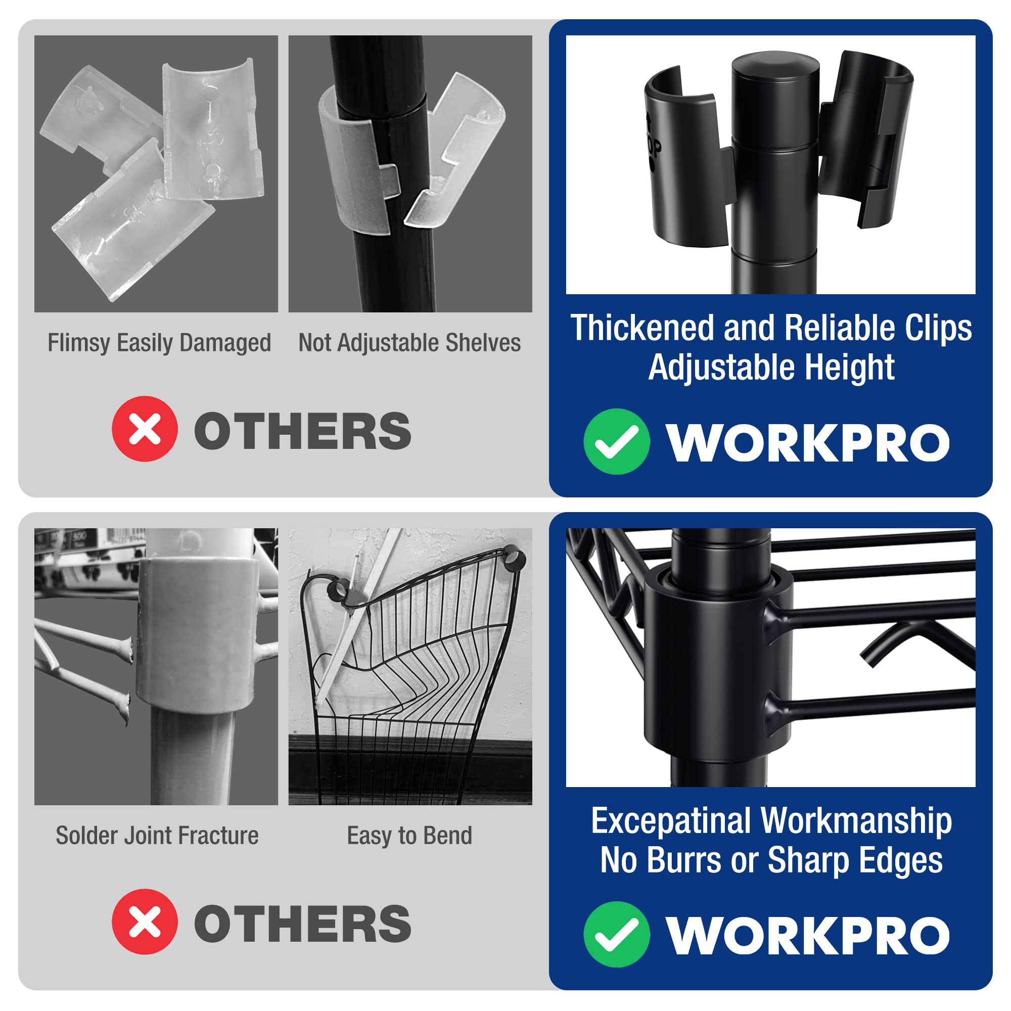 WORKPRO Storage Shelves, 4 Tier Metal Shelving Unit, Garage Wire Rack, Standing Adjustable Shelves with Hooks for Pantry Closet Kitchen Basement 24" W x 14" D x 48" H, 600 lbs Total Capacity