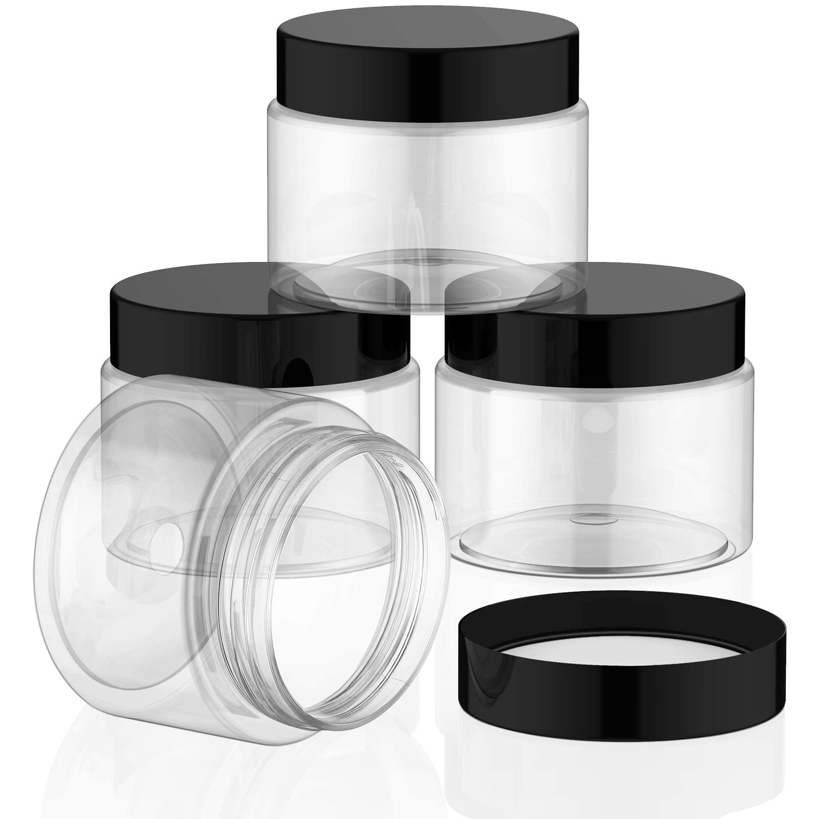 Patelai 4 Pieces Round Clear Wide-mouth Leak Proof Plastic Container Jars with Lids for Travel Storage Makeup Beauty Products Face Creams Oils Salves Ointments DIY Making or Others (Black,2 Ounce)