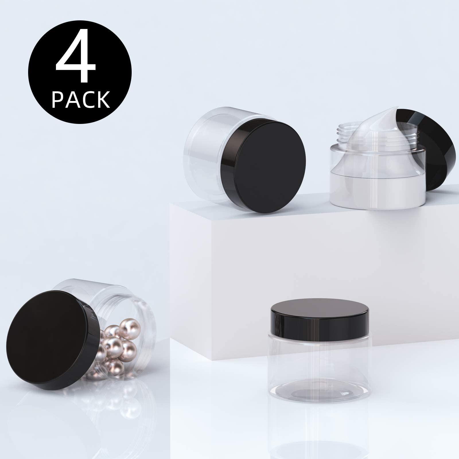 Patelai 4 Pieces Round Clear Wide-mouth Leak Proof Plastic Container Jars with Lids for Travel Storage Makeup Beauty Products Face Creams Oils Salves Ointments DIY Making or Others (Black,2 Ounce)