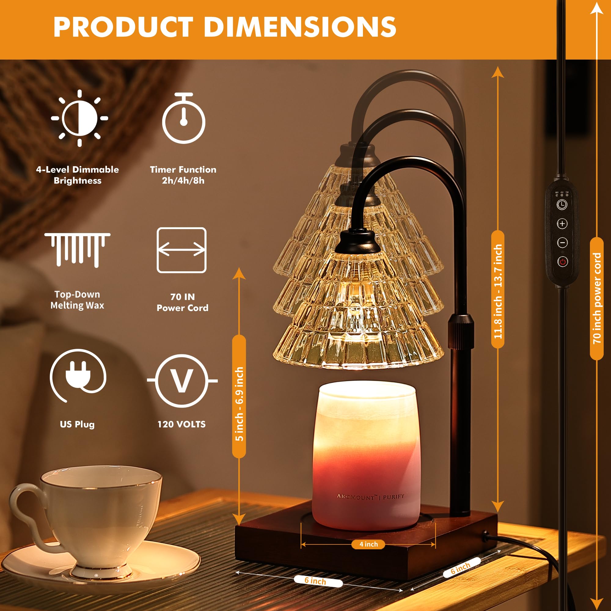 SerenGlow Candle Warmer Lamp with 2 * 50W Bulbs, Electric Candle Lamp with 2H/4H/8H Timer, Dimmable Candle Warming Lamp with Oak Base, Height Adjustable Wax Warmer Lamp for Jar Candles (Black-A)