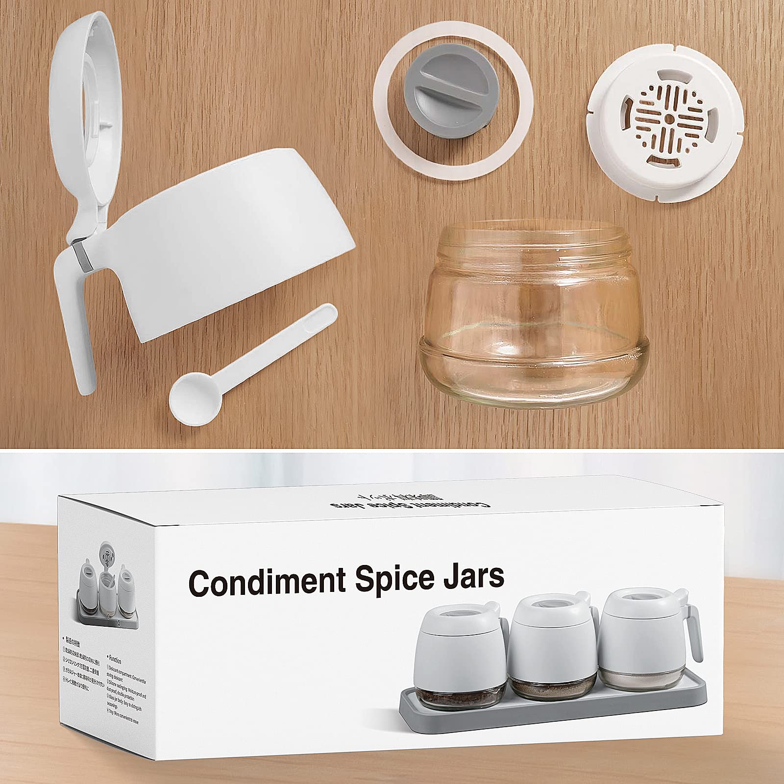 Roweida Glass Spice Jars and Sugar Bowls - Airtight Seasoning Containers with Spoon Lids, Set of 3 for Kitchen Counter