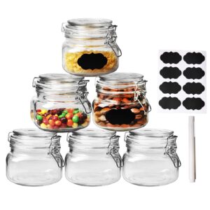 6 pack wide mouth mason jars, oamceg 17oz airtight glass preserving jars with leak proof rubber gasket and clip top lids, perfect for storing coffee, sugar, flour or sweets - 8 labels & 1 chalk marker