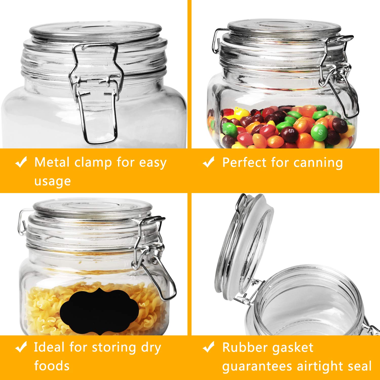 6 Pack Wide Mouth Mason Jars, OAMCEG 17oz Airtight Glass Preserving Jars with Leak Proof Rubber Gasket and Clip Top Lids, Perfect for Storing Coffee, Sugar, Flour or Sweets - 8 Labels & 1 Chalk Marker