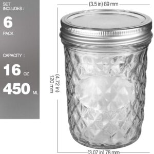 VERONES Wide Mouth Mason Jars 16oz, 6 Pack 16 oz Wide Mouth Mason Jars with Lids and Bands, Ideal for Jam, Honey, Wedding Favors, Shower Favors