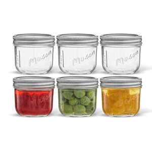 8 oz mason jars with lids, labels and measures! 6-pack wide mouth glass jar with lid and band. airtight canning jars, overnight oats jars, salad jars, sourdough starter jar