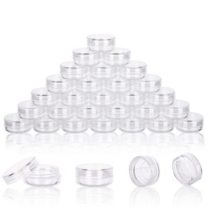 3 gram sample containers with lids, 50 count clear sample jars, empty lip balm containers, mini cosmetic containers with lids, makeup travel containers with labels, mini disposable spatulas