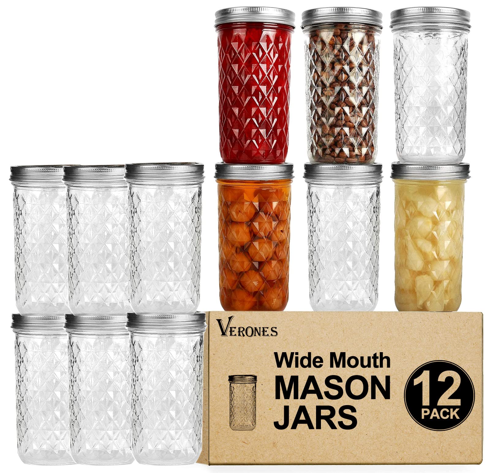 VERONES Wide Mouth Mason Jars 16oz, 12 Pack 16 oz Wide Mouth Mason Jars with Lids and Bands, Ideal for Jam, Honey, Wedding Favors, Shower Favors