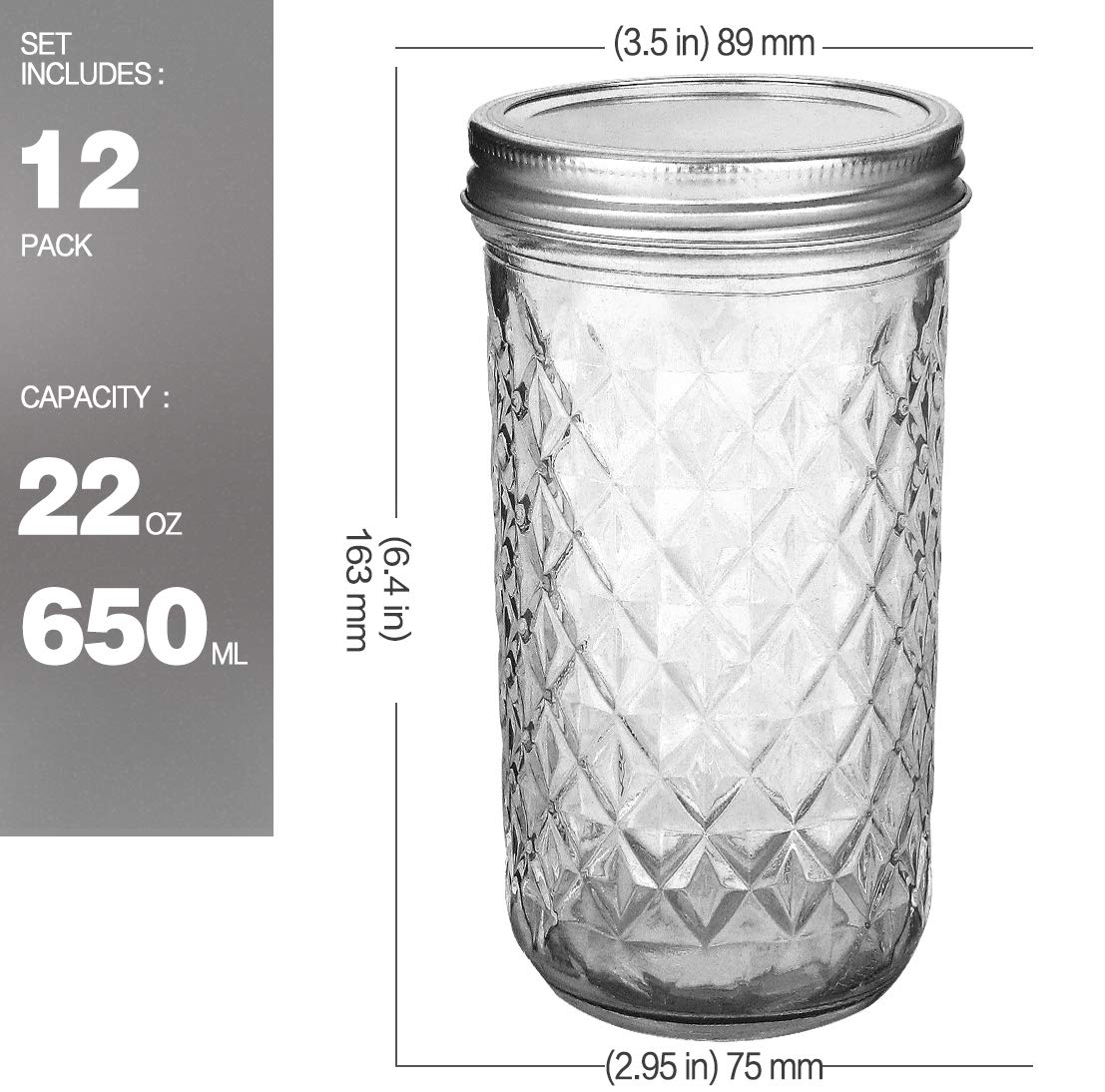 VERONES Wide Mouth Mason Jars 16oz, 12 Pack 16 oz Wide Mouth Mason Jars with Lids and Bands, Ideal for Jam, Honey, Wedding Favors, Shower Favors