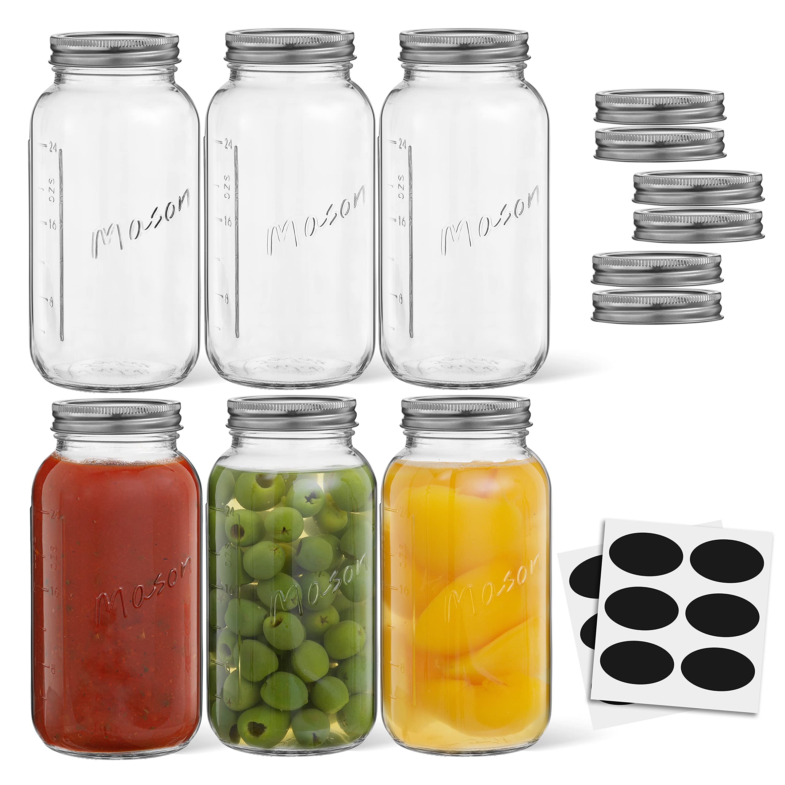 32 Oz Mason Jars With Lids, Labels and Measures! 6-Pack Regular Mouth Mason Jars, Glass Jar with Lid and Band. Airtight Canning Jars, Overnight Oats Jars, Salad Jars, Sourdough Starter Jar