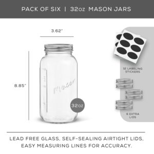 32 Oz Mason Jars With Lids, Labels and Measures! 6-Pack Regular Mouth Mason Jars, Glass Jar with Lid and Band. Airtight Canning Jars, Overnight Oats Jars, Salad Jars, Sourdough Starter Jar