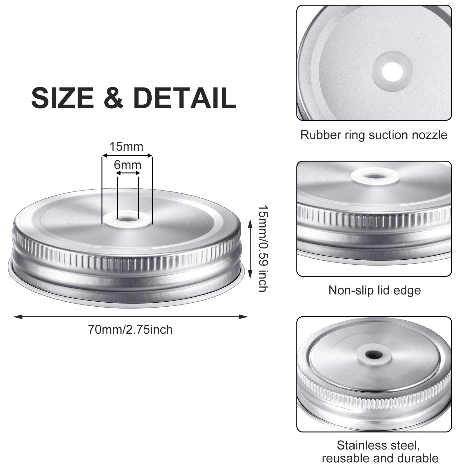 8 Pieces Metal Regular Mouth Mason Canning Jar Lids with Straw Hole Leak Proof Reusable Jar, 2.7 Inch(Silver)