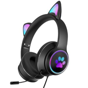 atrasee stereo gaming headset for ps4 pc ps5 xbox one nintendo switch, wired cat ear headphones with mic, surround bass, soft earmuffs, noise cancelling over ear headphones for girls kids, black