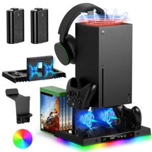 upgrade cooling fan &dual controller charging station for xbox series x with 15rgb light, vertical stand charger dock with 2 rechargeable batteries packs, cooler system with disc accessories storage