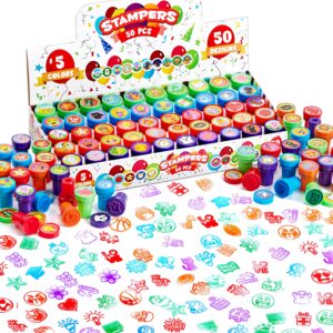 joyin 50 pcs assorted stamps for kids - self-ink stamps with 50 designs for birthday party favor, carnival prizes, school stampers, goodie bag, halloween, christmas (zoo, holiday stampers)