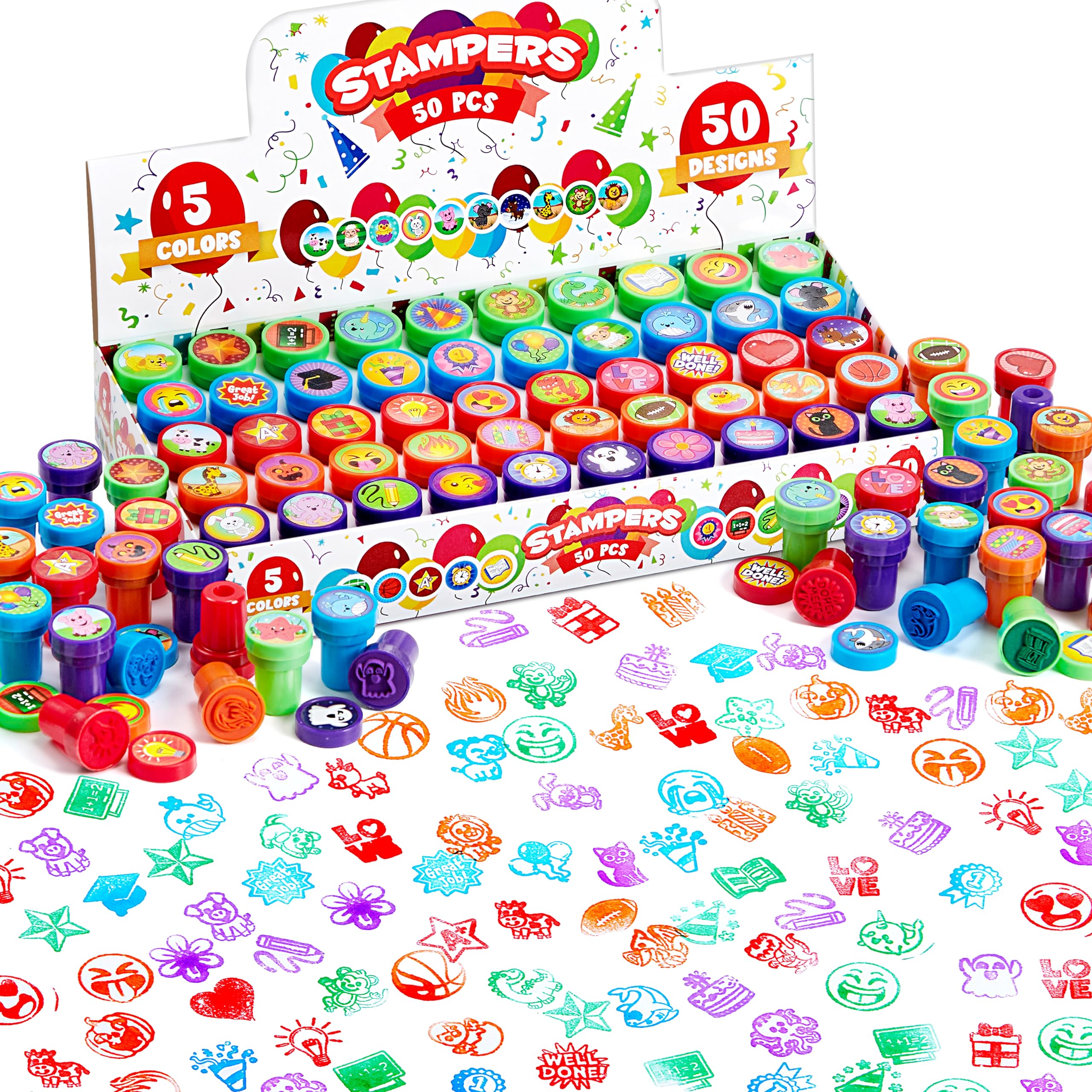 JOYIN 50 Pcs Assorted Stamps for Kids - Self-ink Stamps with 50 Designs for Birthday Party Favor, Carnival Prizes, School Stampers, Goodie Bag, Halloween, Christmas (Zoo, Holiday Stampers)