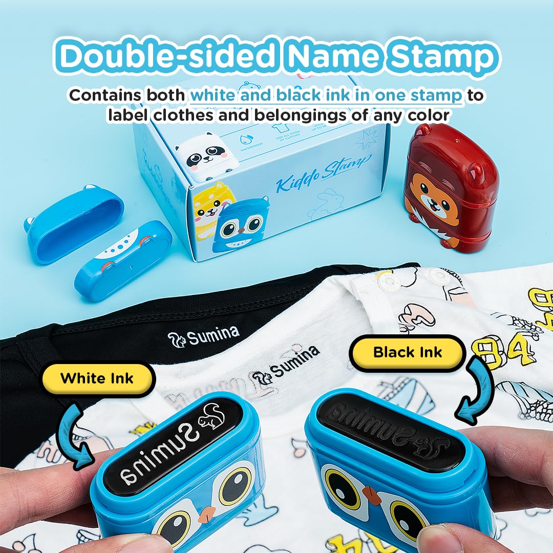 KiddoSpace Name Stamp for Clothing Kids - Kiddostamp™ Customized Double Sided Name Stamp - Personalised Clothing Stamps - Waterproof Name Stamp (White + Black Ink)