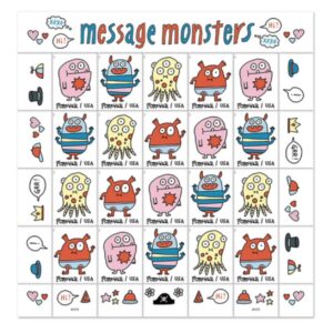 USPS Message Monsters (Sheet of 20) Postage Forever Stamps Playful Theme, Birthday, Engagement, New Job, Party, Invitations Celebrations 2021 Scott #5636-5639