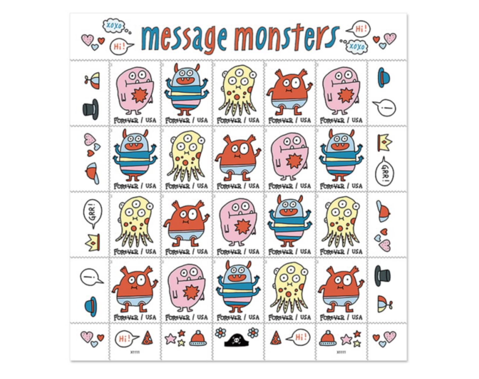 USPS Message Monsters (Sheet of 20) Postage Forever Stamps Playful Theme, Birthday, Engagement, New Job, Party, Invitations Celebrations 2021 Scott #5636-5639