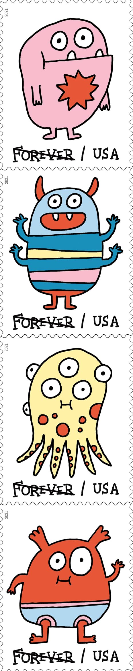 USPS Message Monsters (Sheet of 20) Postage Forever Stamps Playful Theme, Birthday, Engagement, New Job, Party, Invitations Celebrations 2021 Scott #5636-5639