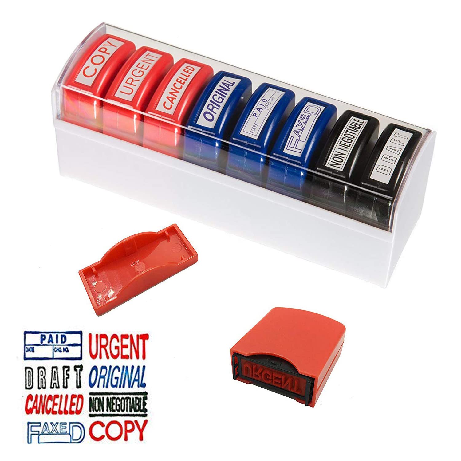 Reliancer Set of 8 Self Inking Pre-inked Office Stamp 8 Message Account Stamp Office Stationary Stamper Business Paper Work Text Stamps w/Tray RedBlueBlack Ink