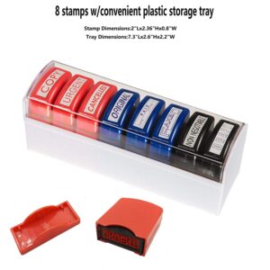 Reliancer Set of 8 Self Inking Pre-inked Office Stamp 8 Message Account Stamp Office Stationary Stamper Business Paper Work Text Stamps w/Tray RedBlueBlack Ink