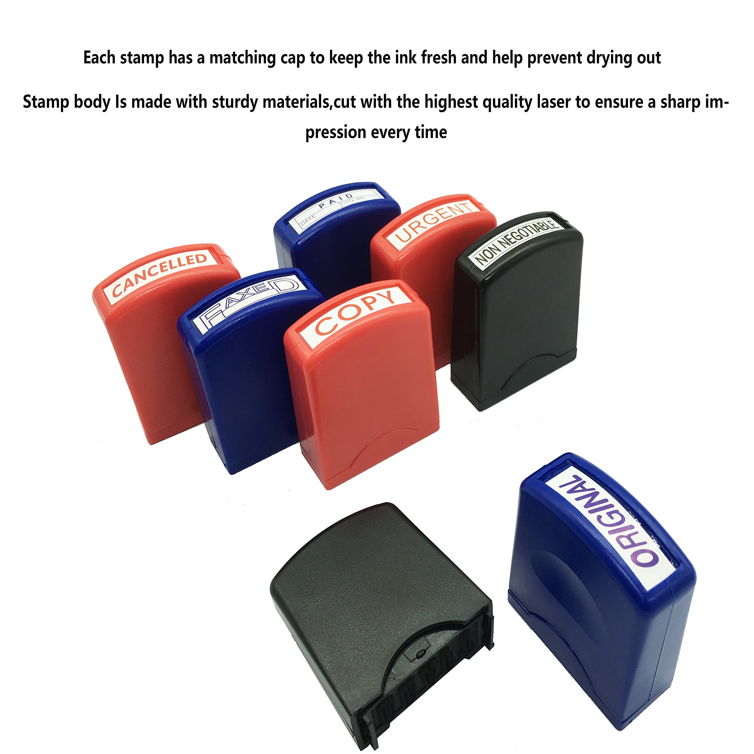 Reliancer Set of 8 Self Inking Pre-inked Office Stamp 8 Message Account Stamp Office Stationary Stamper Business Paper Work Text Stamps w/Tray RedBlueBlack Ink