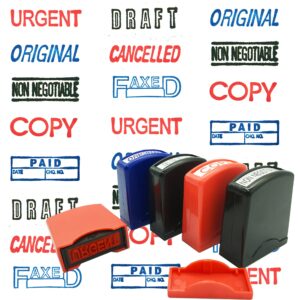 Reliancer Set of 8 Self Inking Pre-inked Office Stamp 8 Message Account Stamp Office Stationary Stamper Business Paper Work Text Stamps w/Tray RedBlueBlack Ink