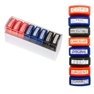 Reliancer Set of 8 Self Inking Pre-inked Office Stamp 8 Message Account Stamp Office Stationary Stamper Business Paper Work Text Stamps w/Tray RedBlueBlack Ink