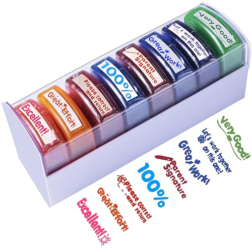 Tickselect Teacher Stamps for Classroom Grading 8PCS – Rectangular Self Inking Stamps Set for Teachers with Different Messages –Homeschool & Teacher Supplies – Comes with Bonus Storage Tray