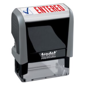 trodat stamp 4912 office printy with english text entered – self inking, red and blue ink, impression size 3/4" x 1-7/8"