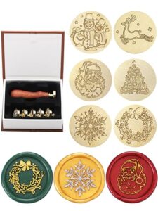 yoption christmas wax seal stamp gift box kit, 6pcs merry christmas sealing wax stamp heads with 1 wooden hilt set, wax stamp kit for party invitation card gift decoration (merry christmas series)