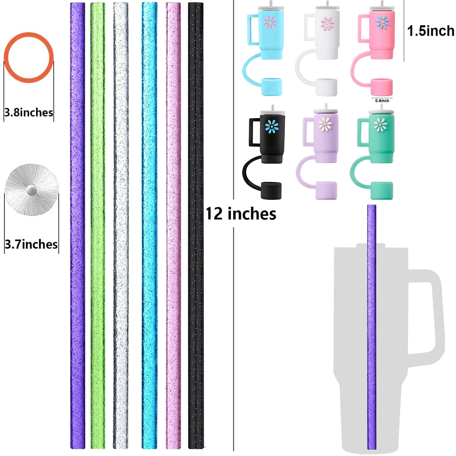 12 Pack Replacement Glitter Straws and Covers for 40 oz Stanley Adventure Travel Tumbler Cup, Reusable Glitter Straws with Cleaning Brush, Compatible with 40oz 30oz 20oz 14oz Stanley Water Jug, 12inch