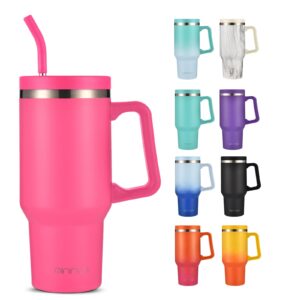 mininoo 30 oz tumbler with handle and straw lid, insulated coffee mug stainless steel travel mug leak-proof lid and straw fit in car cup holder(cupcake pink)