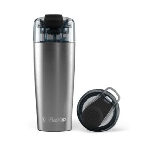 flaskap madic drinking system | insulated tumbler with shot dispenser | cup holder friendly | splash resistant | leak proof tumbler (6 oz black madic, 22 oz stainless steel volst)