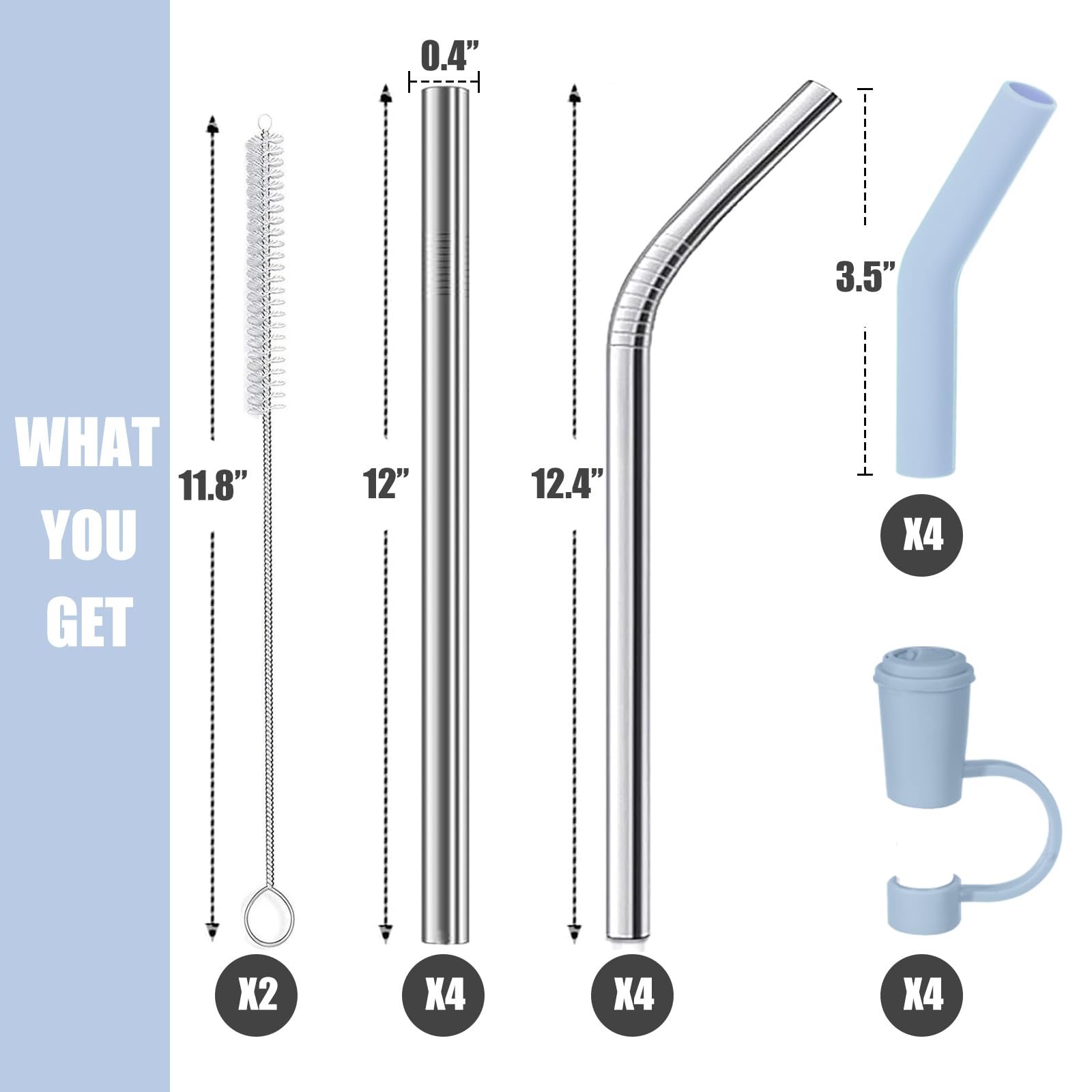 8 PCS Stainless Steel Straw for Stanley 40oz Adveture Quencher Tumbler, 12 inch Replacement Straw with 8 PCS Straw Cover, Metal Straw for Stanley 30oz