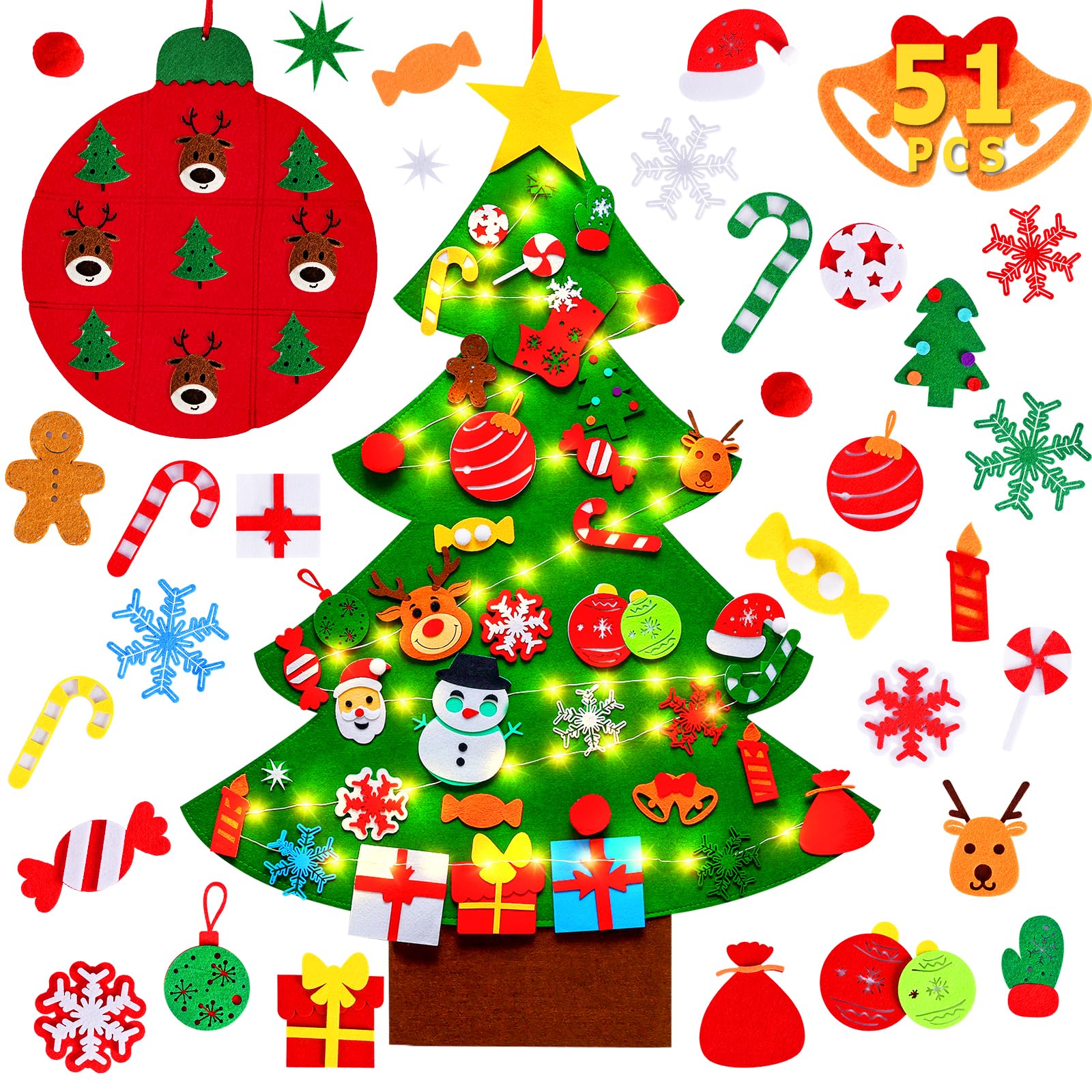 Max Fun DIY Felt Christmas Tree Set Plus Tic-Tac-Toe Games for Kids Toddlers Wall Hanging Decorations Felt Craft Kits for Xmas Party Favors