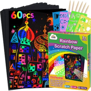 zmlm scratch paper art set: 60pcs magic drawing art craft kid black scratch off paper supply kit toddler preschool learning bulk toy for age 3 4 5 6 7 8 9 10 girl boy christmas birthday party gift