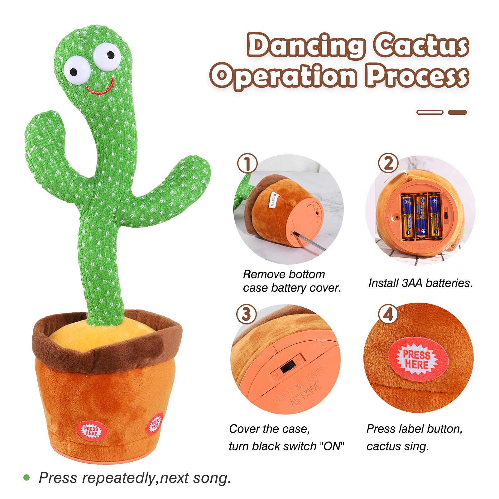 Kids Dancing Talking Cactus Toys for Baby Boys and Girls, Singing Mimicking Recording Repeating What You Say Sunny Cactus Electronic Light Up Plush Toy with 120 English Songs Smart Toy