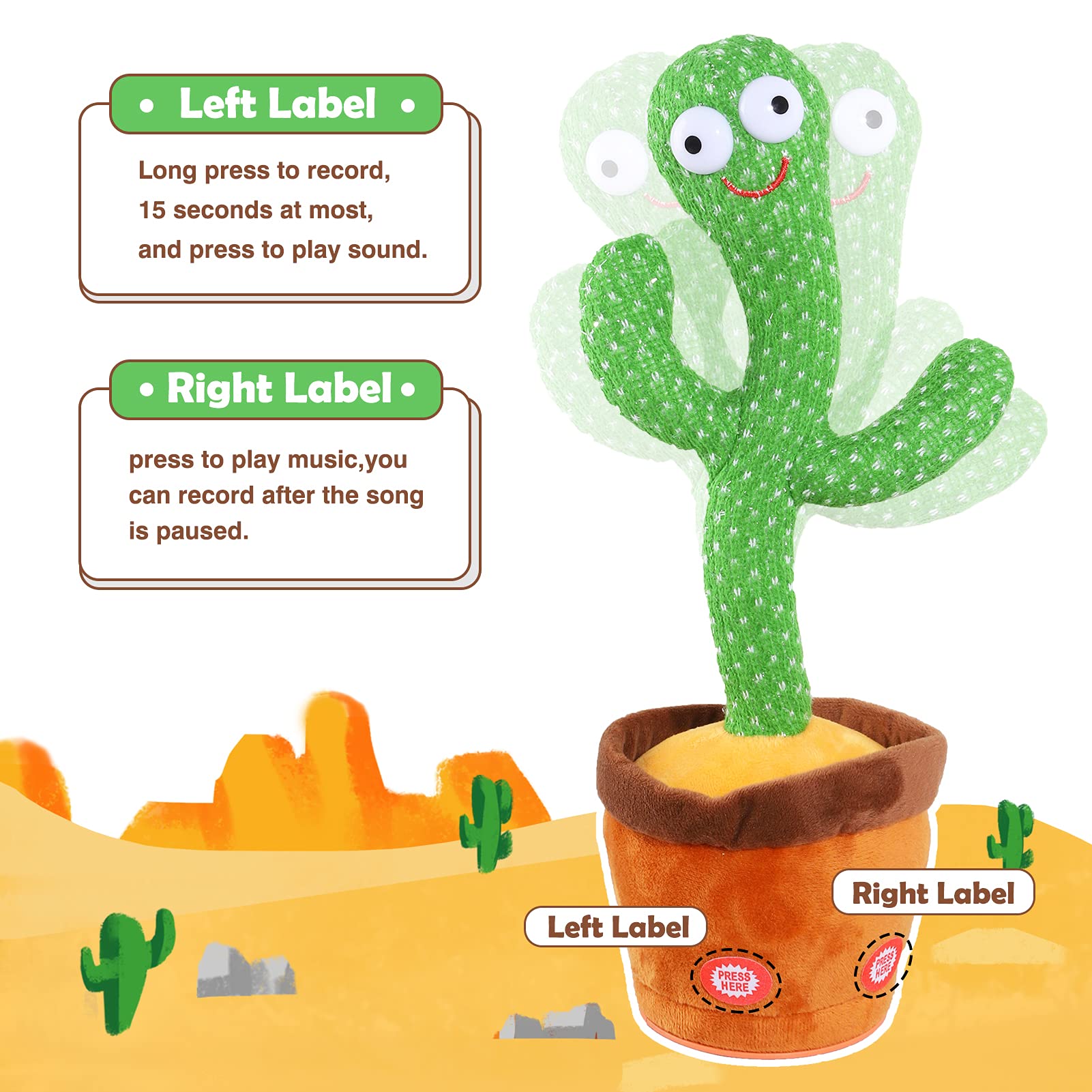 Kids Dancing Talking Cactus Toys for Baby Boys and Girls, Singing Mimicking Recording Repeating What You Say Sunny Cactus Electronic Light Up Plush Toy with 120 English Songs Smart Toy