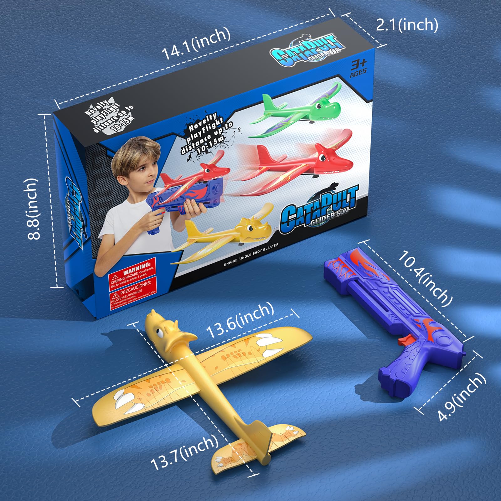 FRONTSUN 3 Pack Dinosaur Airplane Launcher Toys, 2 Flight Modes Kids Outdoor Flying Toys Airplanes Foam Glider Catapult Planes, Birthday Gifts for Boys Girls 3 4 5 6 7 8 9 10 11 12 Year Old