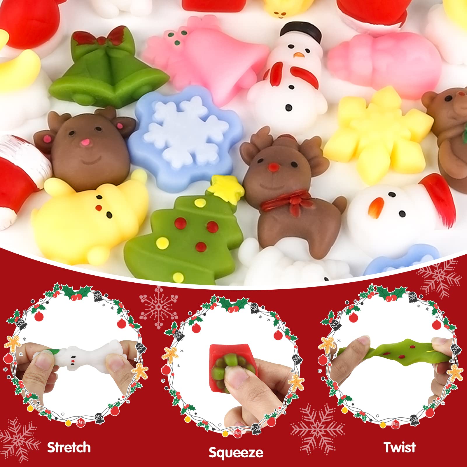 Sanlebi 40 PCS Christmas Mochi Squishy Toys Party Favors for Kids, Kawaii Christmas Squishies Bulk Stress Relief Toys, Toys for Kids Adults