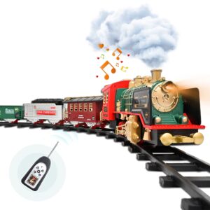 fanl electric christmas train set - steam locomotive engine, cargo cars, tracks - rechargeable toy train gift for kids age 3-6+