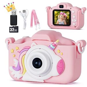 kizjorya kids camera, 2024 upgraded 48mp hd digital selfie camera toys for kids 3-12, christmas birthday gift for girls boys with unicorn cover, children portable video camera for toddlers-32gb(pink)