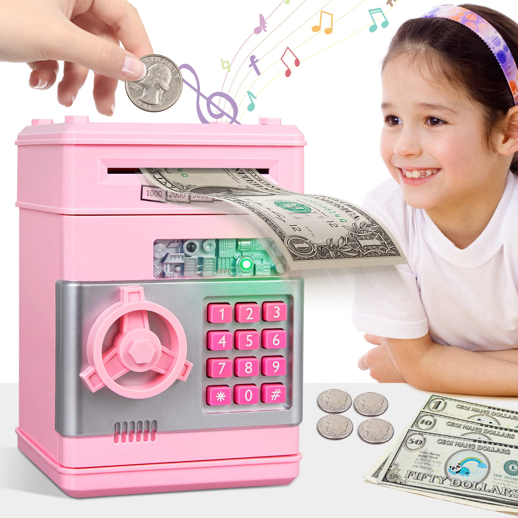 Kids Piggy Bank for Girls - Toys for 5 6 7 8 9 10 Year Old Girl Birthday Gifts - Electronic Piggy Bank ATM Machine Money Safe for Kids Toys Age 6-8-10