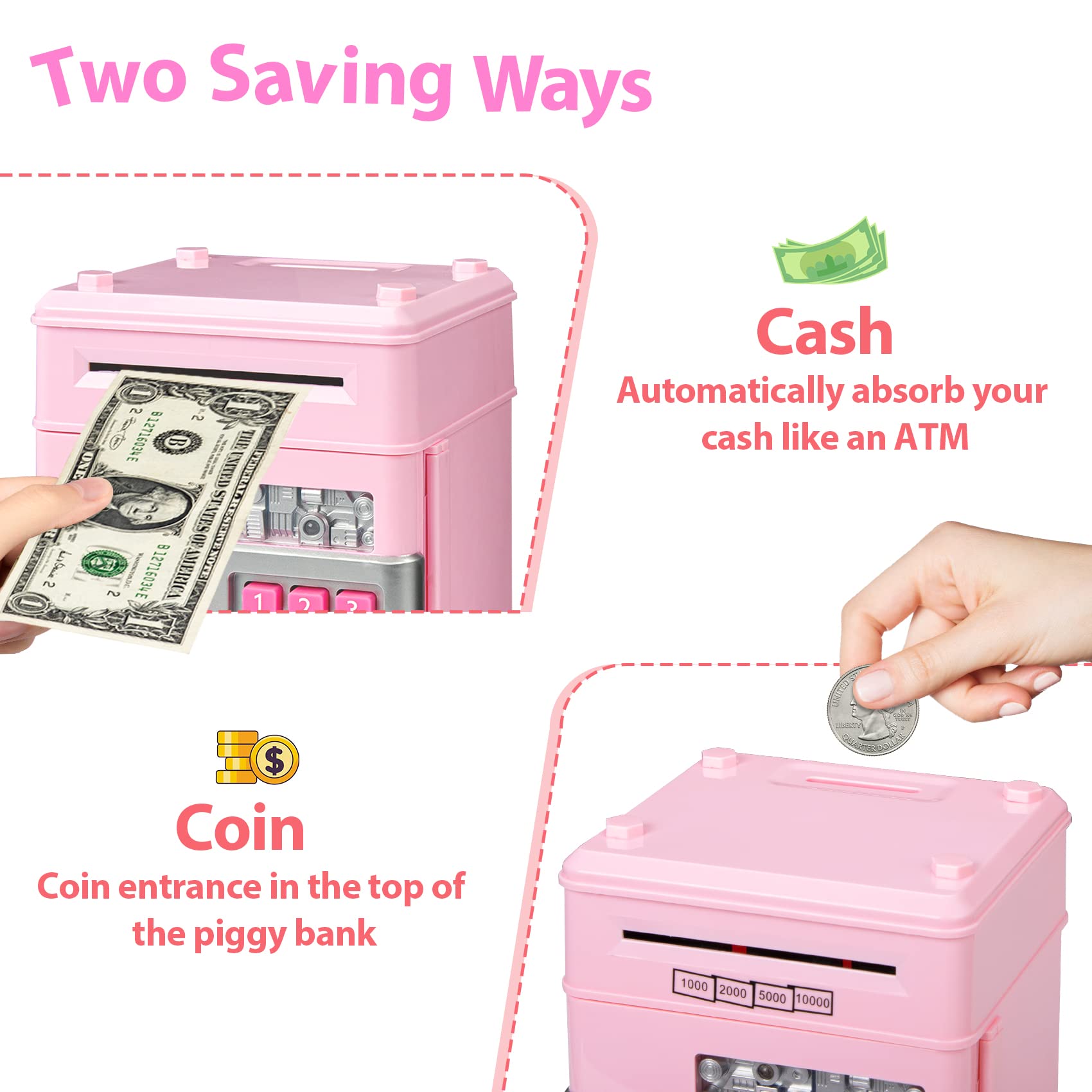 Kids Piggy Bank for Girls - Toys for 5 6 7 8 9 10 Year Old Girl Birthday Gifts - Electronic Piggy Bank ATM Machine Money Safe for Kids Toys Age 6-8-10