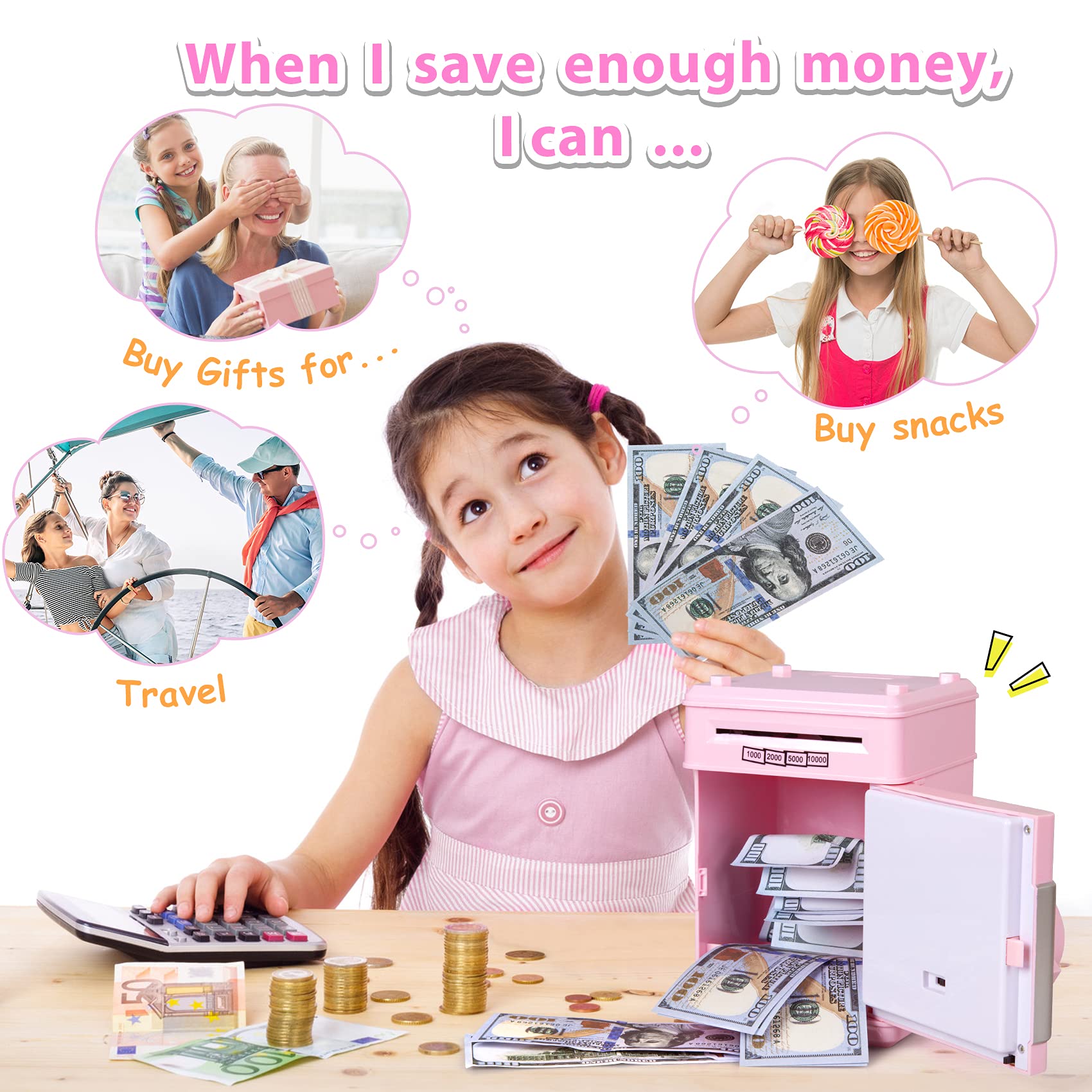 Kids Piggy Bank for Girls - Toys for 5 6 7 8 9 10 Year Old Girl Birthday Gifts - Electronic Piggy Bank ATM Machine Money Safe for Kids Toys Age 6-8-10