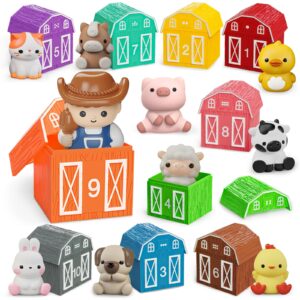 learning toy for toddlers 1 2 3+ years old, 20 pcs farm animal barn toy & finger puppets, montessori educational toy for kids,easter gift toy with 10 animals & 10 barns for babies boys girls