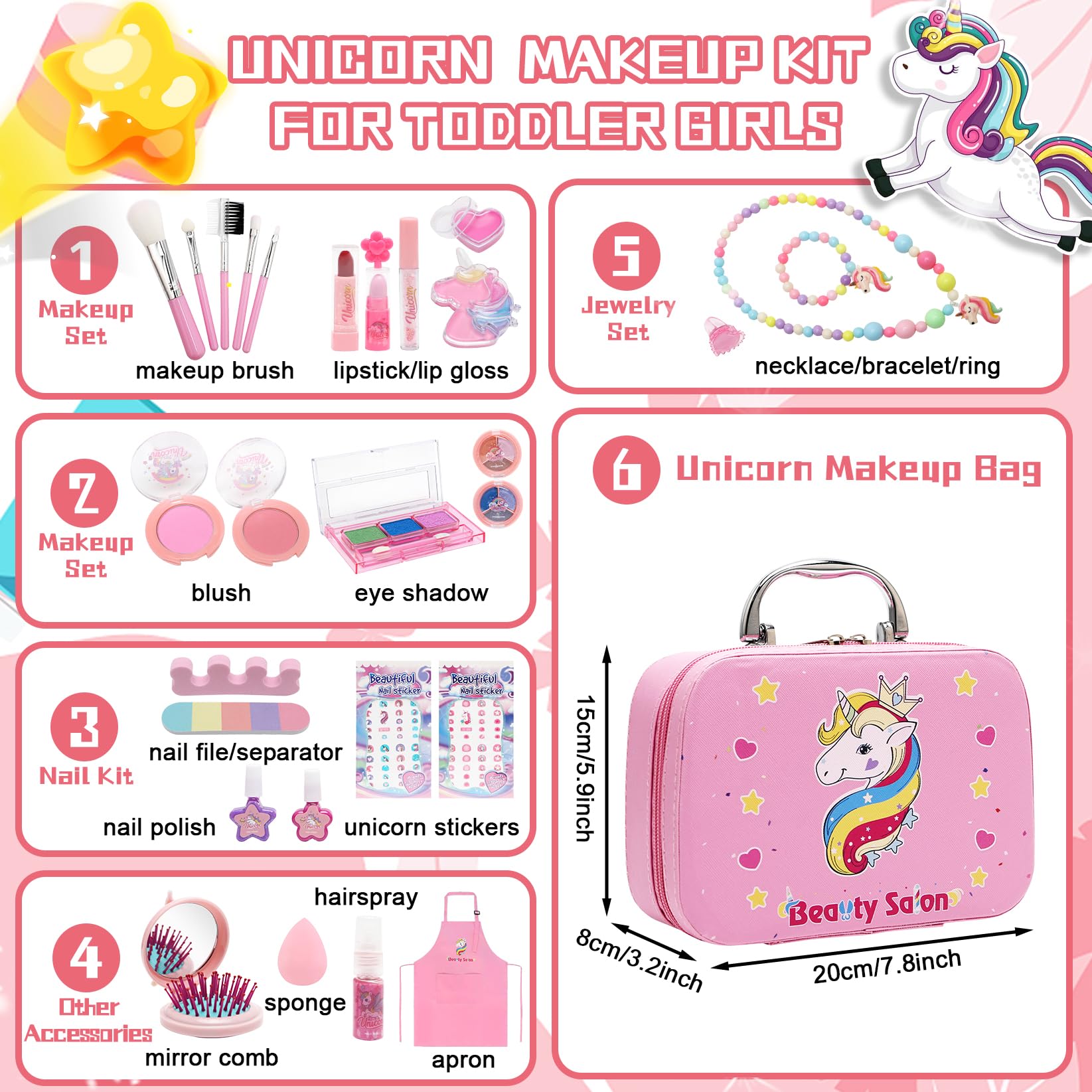 Toys for Girls-Kids Makeup Kit for Girl,29PCS Real Washable Kids Toys for Girls Age 2 3 4 5 6 7 8 9 10 11 Year Old,Princess Christmas Birthday Ideas Unicorns Gifts for Girls with Dress Up Jewelry Set