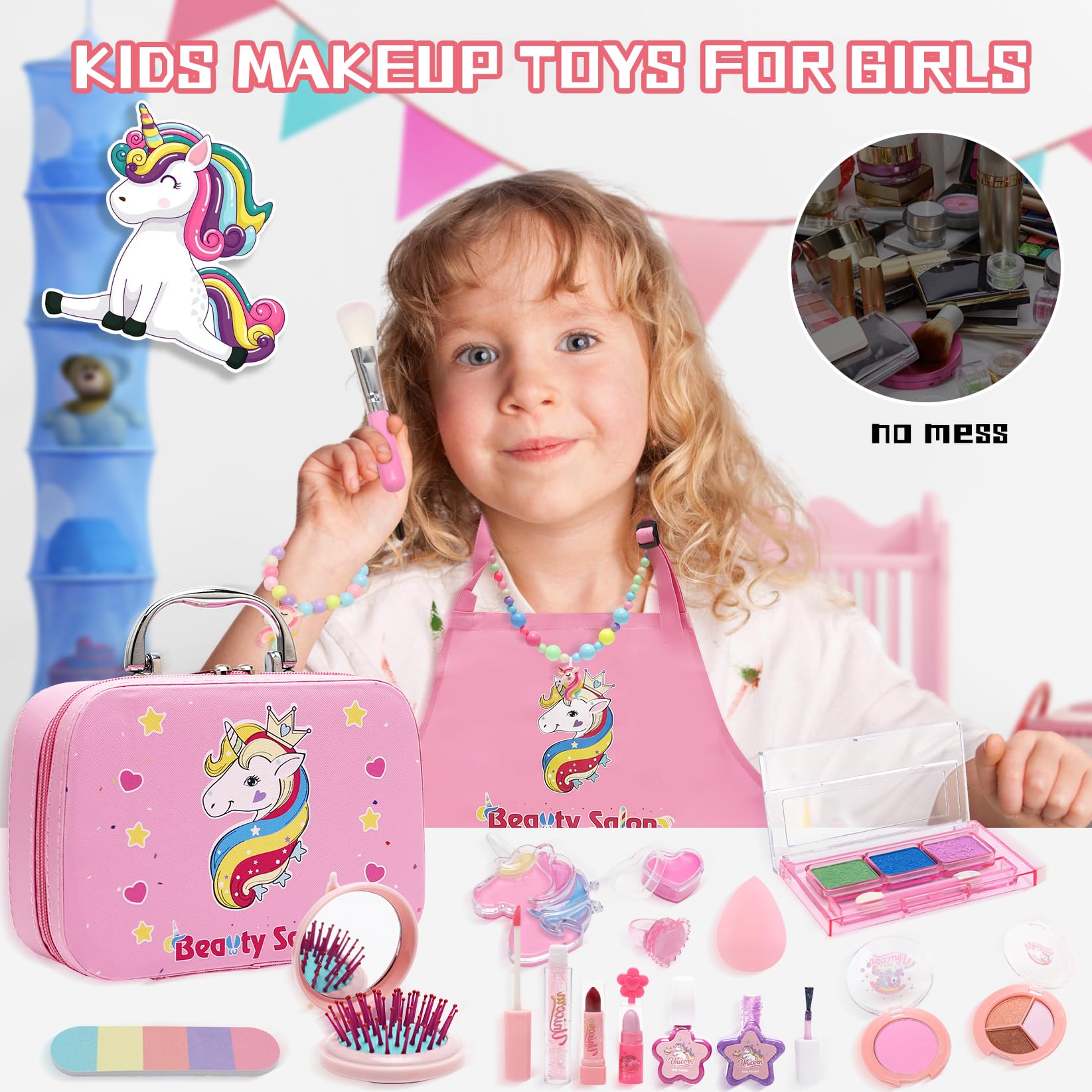 Toys for Girls-Kids Makeup Kit for Girl,29PCS Real Washable Kids Toys for Girls Age 2 3 4 5 6 7 8 9 10 11 Year Old,Princess Christmas Birthday Ideas Unicorns Gifts for Girls with Dress Up Jewelry Set